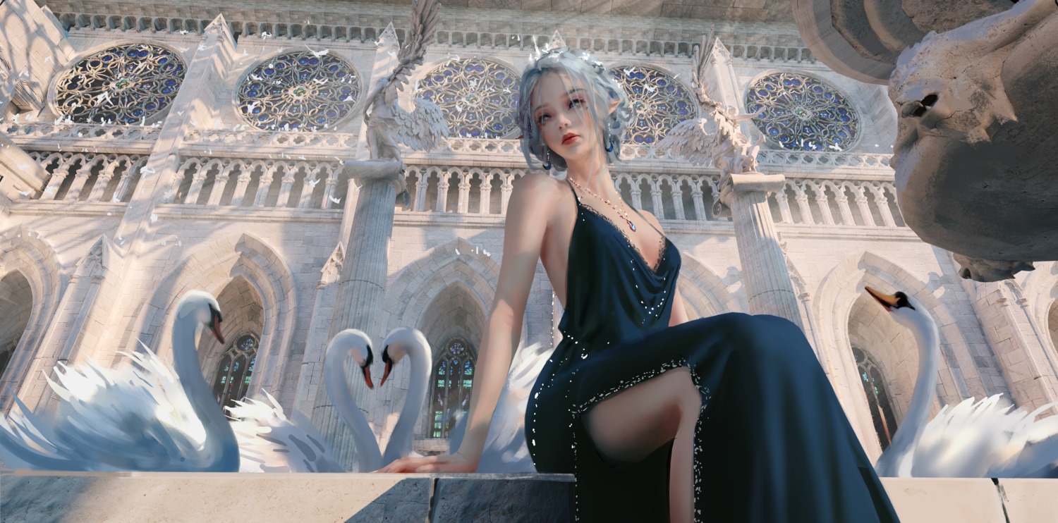 wlop yan haiqin dress landscape no bra pointy ears | #844341 | yande.re